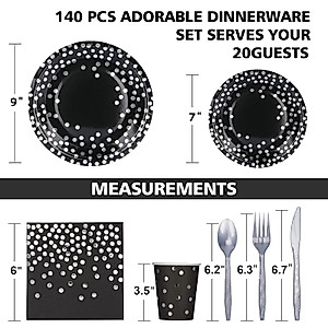 LTplazhi 140PCS Black and Silver Party Supplies - Dinner Plate, Dessert Plate, Napkin, Cup, Forks, Knives, Spoons - Biodegradable