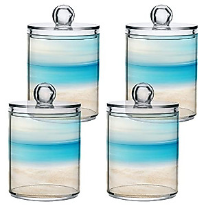 xigua 2 Pack Summer Beach Pattern Apothecary Jars with Lid, Qtip Holder Storage Containers for Cotton Ball, Swabs, Pads, Clear Plastic Canisters for Bathroom Vanity Organization (10 Oz)