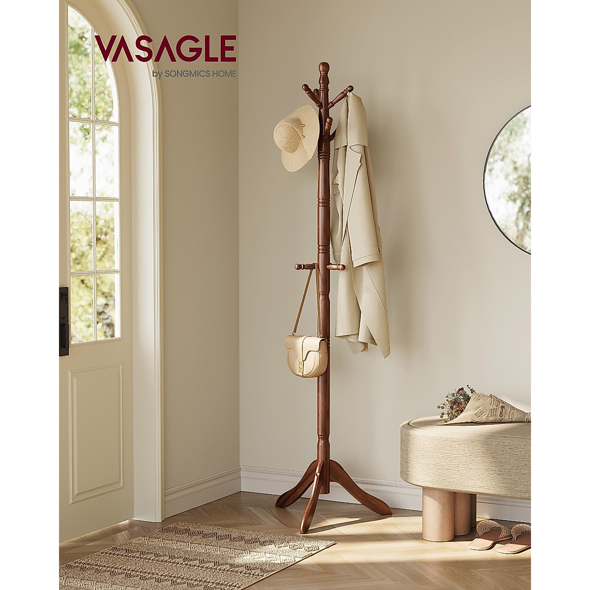 VASAGLE Solid Wood Coat Rack and Stand, Free Standing Hall Coat Tree with 10 Hooks for Hats, Bags, Purses, for Entryway, Hallway, Rubberwood, Dark Walnut URCR03WN