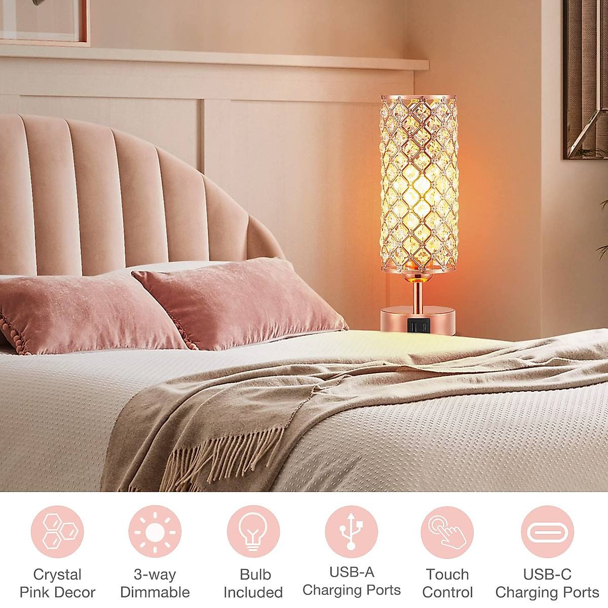 Hong-in Crystal Table Lamp, Rose Gold Lamp with USB Ports, 3 Way Dimmable Light with Crystal Lampshade, Bedside Lamp Small Touch Light for Living Room Bedroom Home, Charge Phone (Bulb Included)