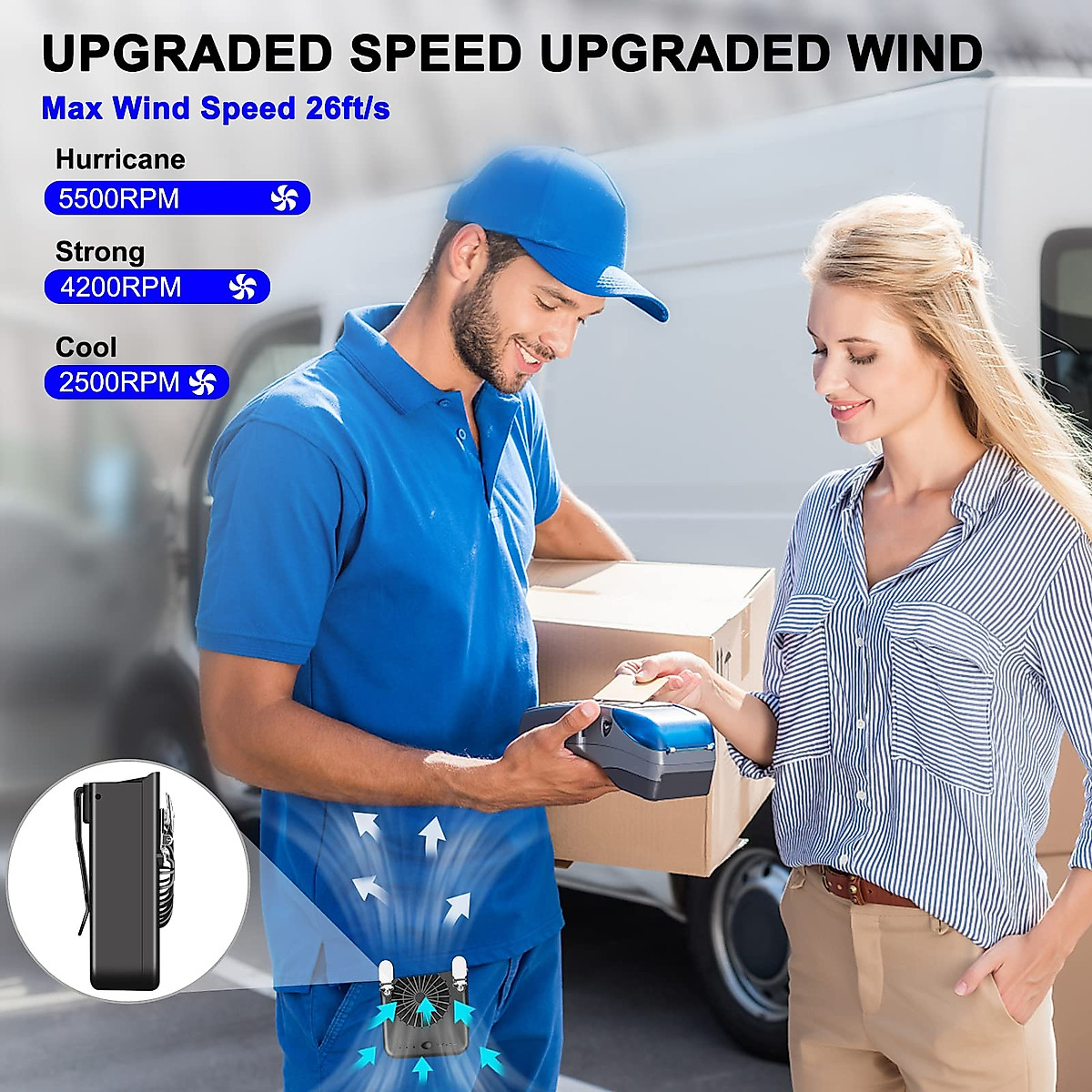 GOBRILLFUN Waist Clip Fan & Neck Fan 2 in 1, Portable Rechargeable Clip on Fan with 3 Speeds, 8000mAh Battery Operated Powerful Cooling Shirt Fan & Belt Fan for Camping, Hiking, Fishing, Working