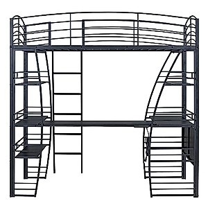 GJHOME Twin Size Loft Bed with 4 Layers of Shelves and L-Shaped Desk, Stylish Metal Frame Bed with a Set of Sockets, USB Ports and Wireless Charging, Black