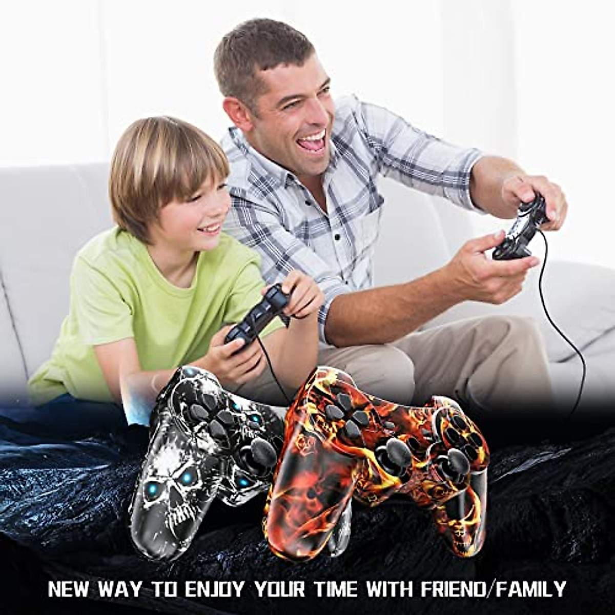 ISHAKO Wireless Controller 2 pack for PS3, Upgraded Joystick Controller for PS3 High Performance Double Shock, Touch Pad, Audio Function compatible with Playstation 3 / Pro/Slim/PC(Flame+Black Skull)