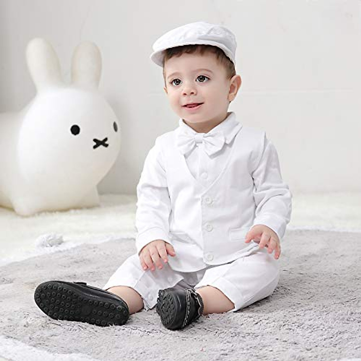 HOSUKKO Baptism Outfits for Boys, Long Sleeve One-Piece Romper & Vest & Beret & Bow Tie Sets, Infant Baby Boy Christening Outfit (White,6-12M)