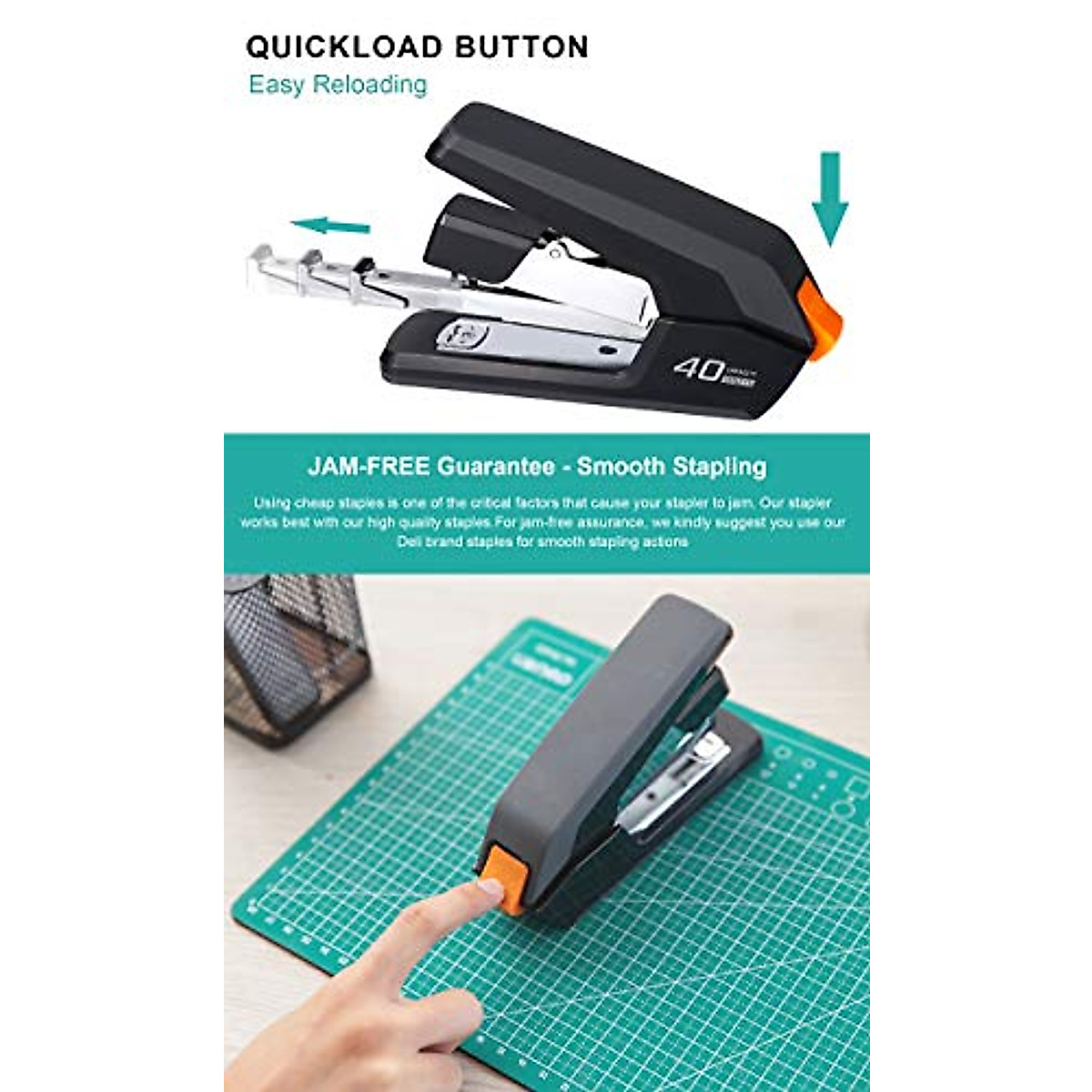 Deli Effortless Desktop Stapler, 40-50 Sheet Capacity, One Finger Touch Stapling, Easy to Load Ergonomic Heavy Duty Stapler, Includes 1500 Staples and Staple Remover