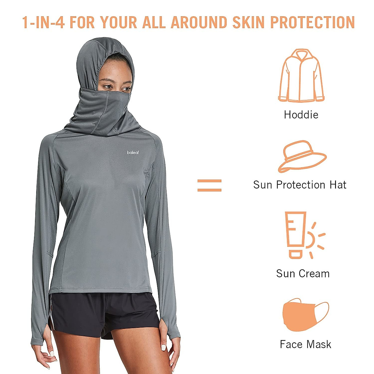 BALEAF Women's UPF 50+ Hoddie with Face Cover Long Sleeve Hiking Shirts Lightweight Quick Dry Cycling Fishing Running Tops Hooded Jacket Dark Gray Size L