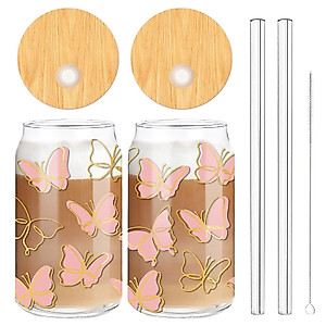 Whaline Butterfly Glass Cups with Bamboo Lids and Straws Gold Line Butterfly Drinking Glasses 16oz Pink White Ice Coffee Cup for Cocktails Whiskey Beer Soda Gifts, 2 Pack