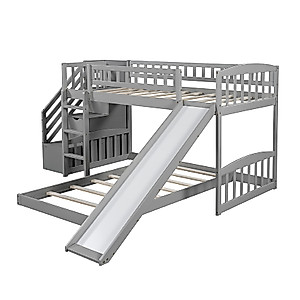 Bunk Beds with Slide Twin Over Twin Low Bunk Bed Frame with Storage Drawers Stairway Wood Bunk Bed for Kids Boys Girls, Gray