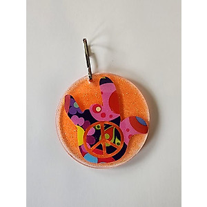ORANGE FLOWER POWER PEACE & LOVE 2IN ROUND RESIN & ACRYLIC ZIPPER PULL BACKPACK CHARM - HANDMADE - FREE STANDARD SHIPPING