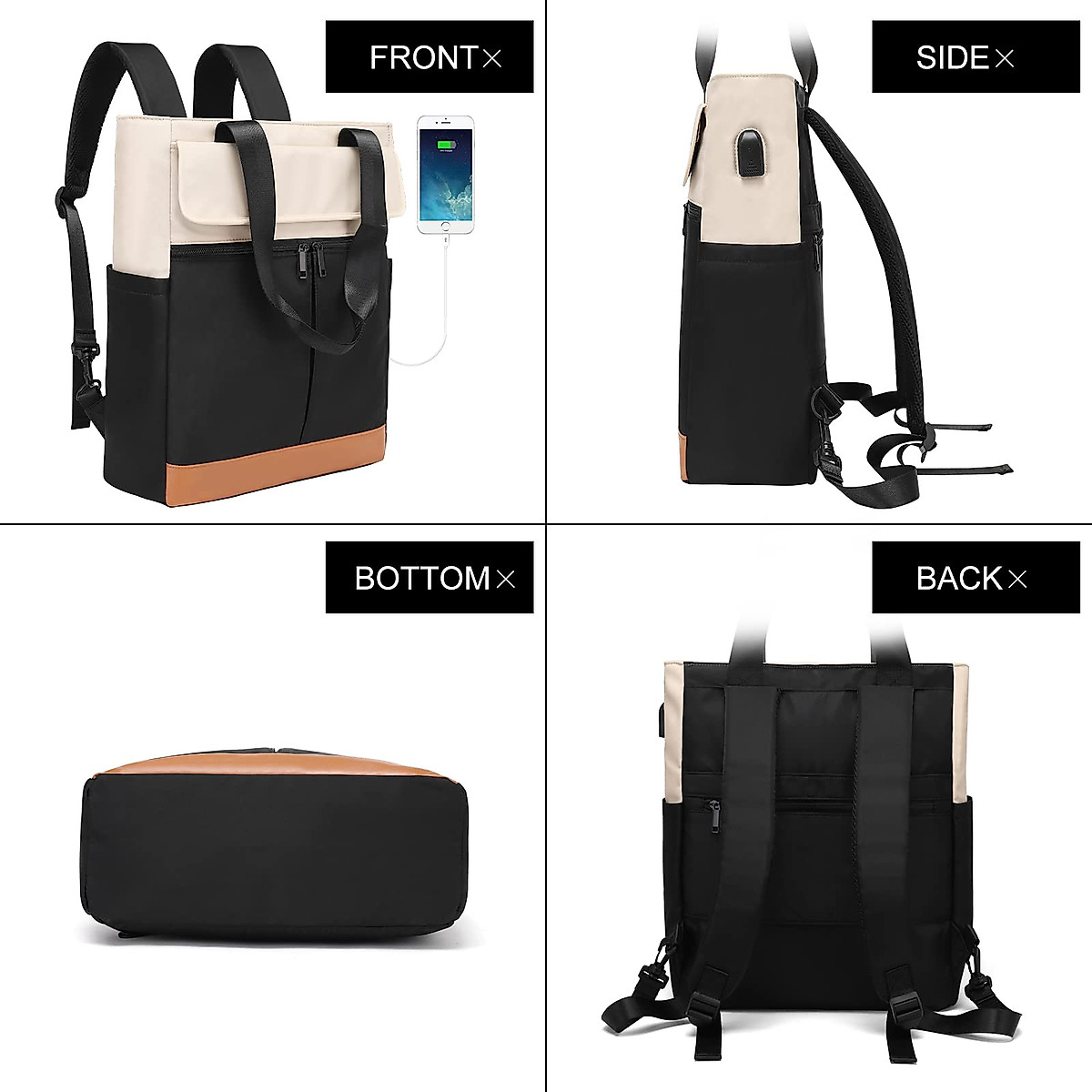 CYUREAY Women's Convertible Daypack Laptop Backpack, College School Computer Backpack with USB Charging Port, Fits 15.6 Inch Laptop, Black