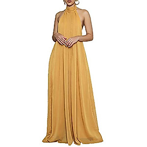 CHARTOU Women's Elegant Loose Fit Chiffon Halter Neck Backless Wide Leg Jumpsuit (Large,Yellow)