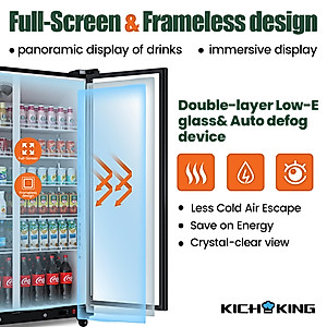 Full Screen Glass Commercial Cooler 27.1 Cu.Ft Aluminum Alloy Frame Merchandiser Refrigerator Low-E Glass Door Display Refrigerator Beverage Cooler, Adjustable Shelves Drink Organizer ETL/DOE, Black