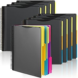 Yeaqee 8 Pack 12 Pocket Spiral Folders Notebook Bulk with Clear Front Pocket, Binder Project Organizer with 6 Dividers and Tab