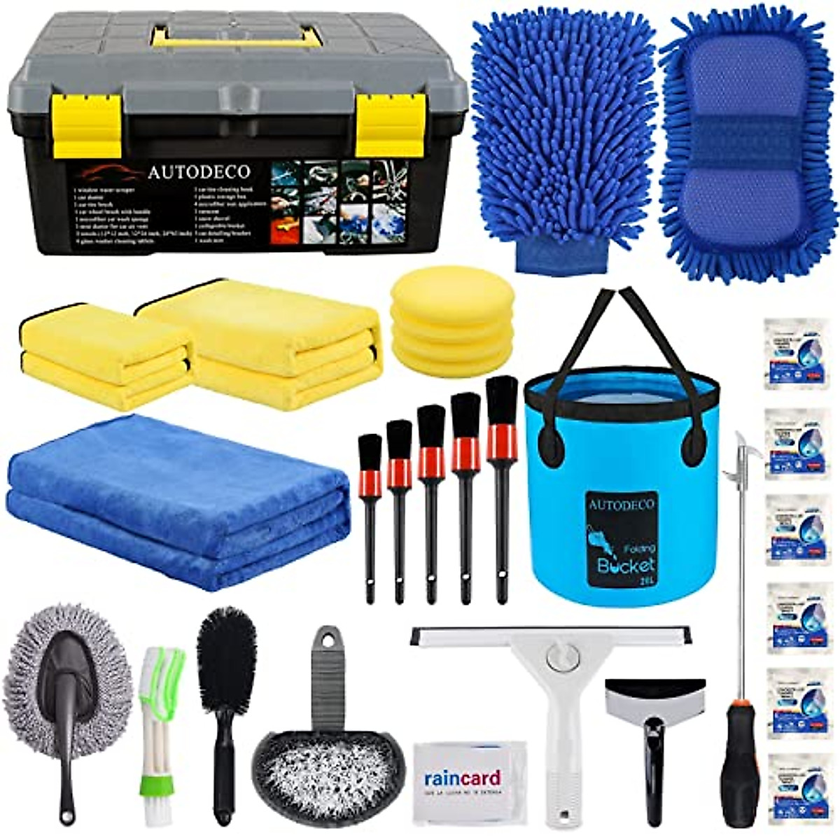 AUTODECO 30Pcs Car Wash Cleaning Kit - Car Care Wash Tools Set Car Detailing Set with Collapsible Bucket Snow Shovel