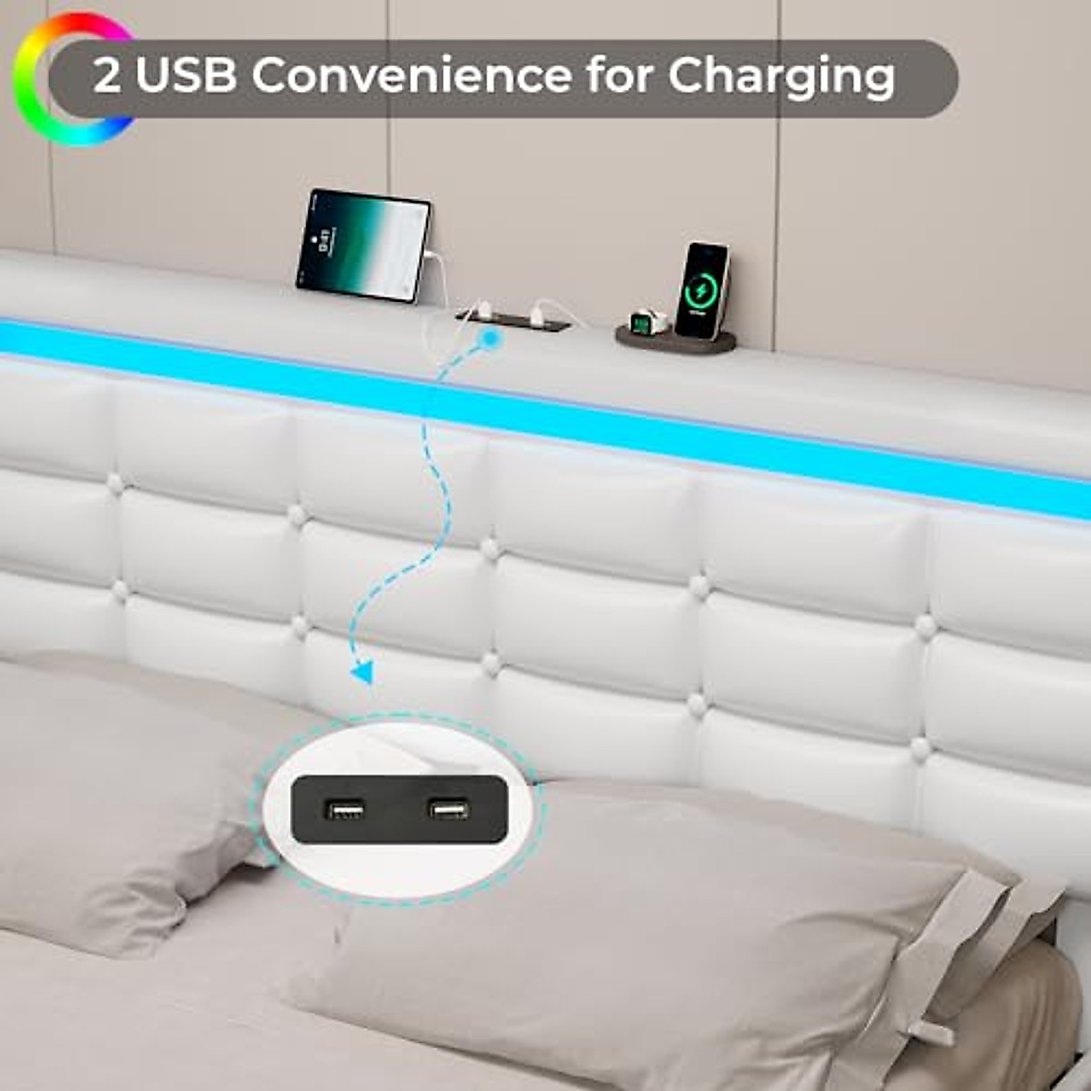 BTHFST Queen LED Bed Frame with Headboard, Faux Leather Platform Bed Frame with 2 USB Charging Station & Storage Drawers, No Squeak, White