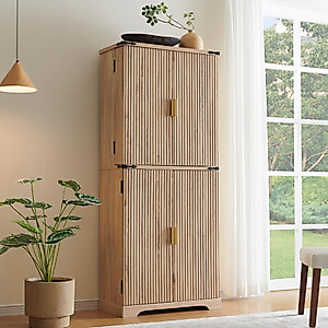 ACCOHOHO Fluted Pantry Cabinet, 72" Tall Modern Storage Cabinet with 4 Doors, Organizer, Drawer and Adjustable Shelves, Wood Cupboard for Kitchen, Dining Room, Living Room and Bathroom, Natural Oak