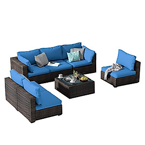 gaildon Patio Furniture Set 7 Piece Outdoor Wicker Sectional Sofa - All Weather PE Rattan Couch Conversation Set with Cushion & Glass Top Table for Backyard Deck Porch, Blue