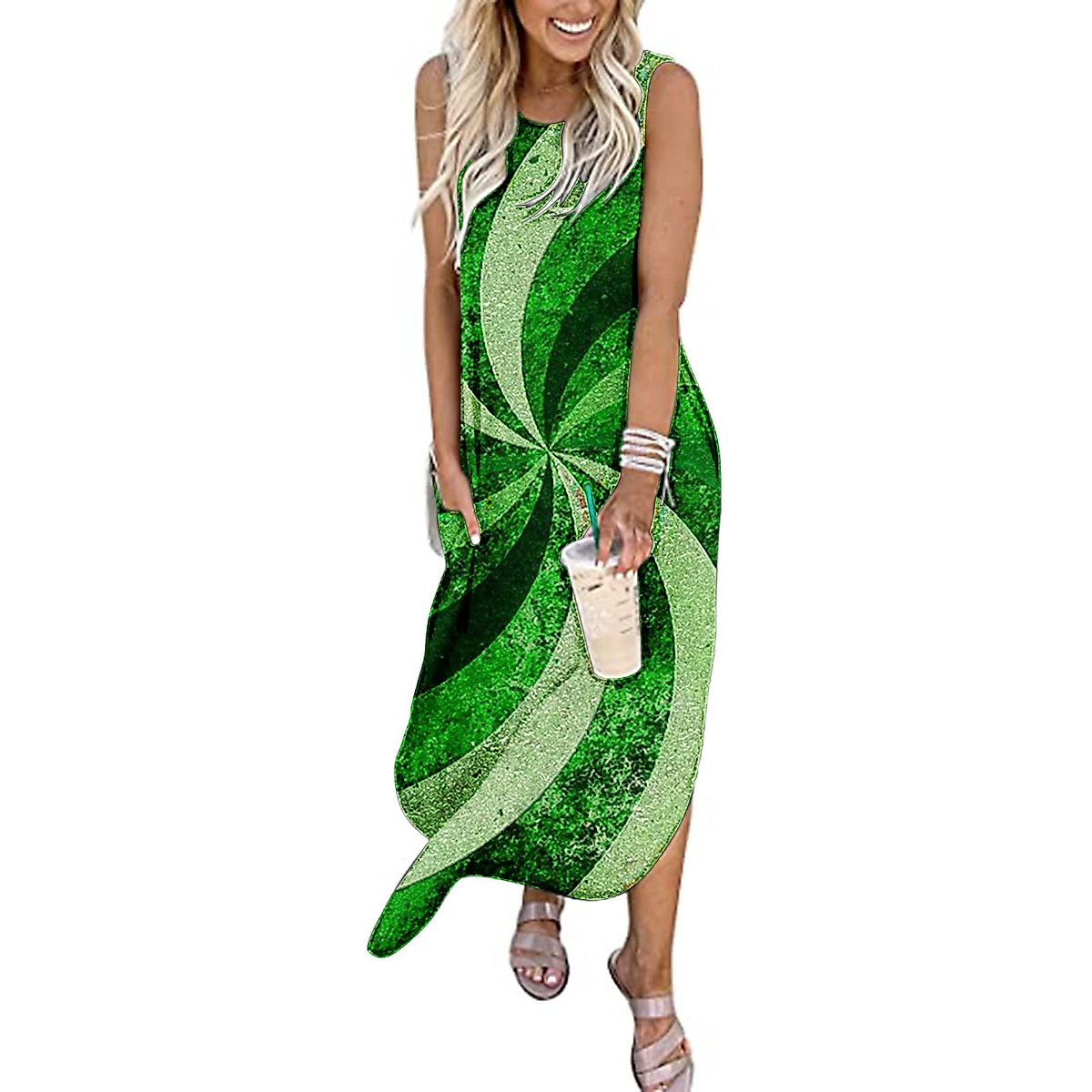 Long Maxi Dresses for Women Summer Women Casual Printing Loose Sundress Long Dress Crisscross Sleeveless Split Maxi Green