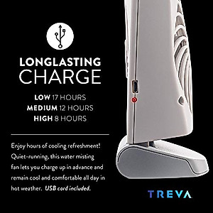 Treva 3-Speed Continuous Mister Fan – 3.5 Inch Personal Misting Fan with Intermittent or Constant Cooling Water Mist Sprayer - USB Rechargeable Battery - Portable for Travel, Camping, Beach, Desk