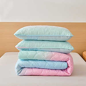 Pink Quilt Set Queen Ombre Blue Pink Mint Quilt Sets Kids Girls Bedding Set 3PCs Summer Reversible Lightweight Microfiber Bedspread Coverlet Sets for All Season (96''x90'')