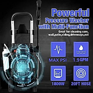 Power Washer, TE3000 1.9GPM Pressure Washer 1800W Electric High Pressure Washer Professional Car Washer Cleaner Machine with Hose Reel ,5 Nozzles for Patio Garden Yard Vehicle
