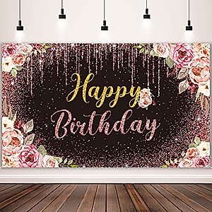 Happy Birthday Backdrop Decorations for Women Background Party Supplies Rose Backdrop Photography for Girls Boys Floral Glitters Banner Wedding Baby Shower Decor (Black)