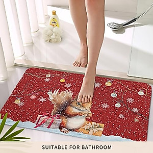 Christmas Bath Rugs Squirrel Xmas Ball Branch Sponge Doormat Absorbent Non Slip Backing Durable Soft Flannel Mat Snowflake Snow Red Christmas Memory Foam Mats Carpet for Bathroom Kitchen, 18 x 30 inch