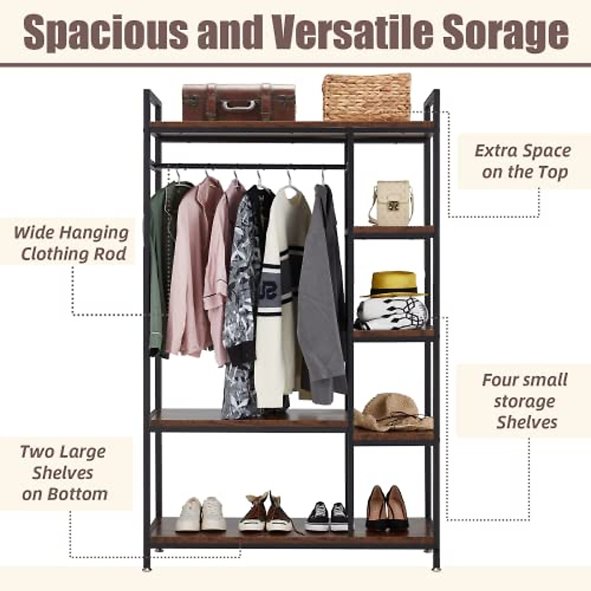 JOMMED Clothing Rack with Shelves Free Standing Closet with Shelves and Hanging Rod, Industrial Clothing Rack for Bedroom