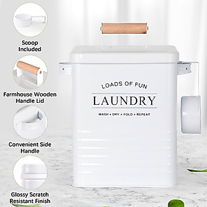 Metal Laundry Powder Detergent Container for Laundry Room Organization and Storage, Large Airtight Laundry Soap Dispenser with Scoop and Handles, Modern Farmhouse Laundry Pods Container, White