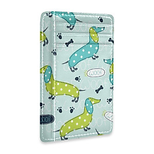 Linomo Thin leather Card Holder and Money Clip Cute Dachshunds Dog Wallet RFID Blocking for Men & Women