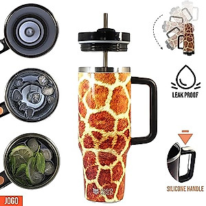 Simply Modern 40 oz Tumbler with Simple Handle and Straw Giraffe / Rambler Insulated Cup / Iced Coffee Stainless Steel Travel Mug / 40oz Animal Print Water Bottle Gifts for Men Women Kids / 5 pcs Set