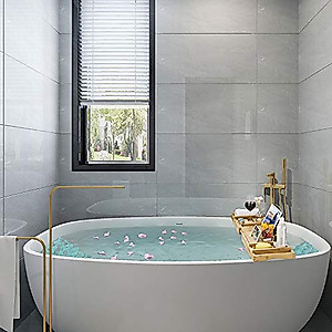 Yescom Extendable Bamboo Bathtub Caddy Tray Organizer Over Tub Rack Phone Tablet Holder 2 Side Trays with Free Soap Dish for Bathroom Spa Reading