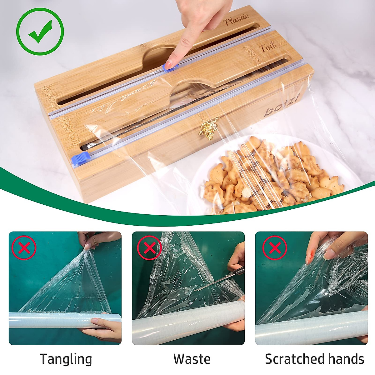2 in 1 Food Wrap Organizer with Cutter, Bamboo Wrap Dispenser for Aluminum Foil, Wax Paper, Plastic Wrap, Wall Mounted or Kitchen Drawer Organization and Storage Holder,Max for 12" Roll