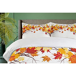 Ambesonne Fall Duvet Cover Set, Image of Canadian Maple Tree Leaves in Autumn Season Soft Reflection Effects, Decorative 3 Piece Bedding Set with 2 Pillow Shams, Queen Size, Orange White