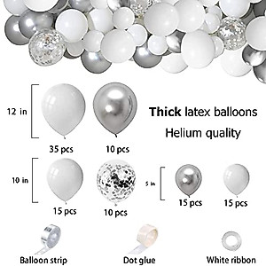 103pcs White and Silver Balloons Garland Arch Kit 5” 10 Inch 12” White Silver Metallic Confetti Latex Balloons Arch Set for Winter Wonderland Birthday Baby Shower Wedding Party New Year's Day Decor