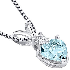 PEORA 14K White Gold Aquamarine and Diamond Pendant, AAA Grade Heart Shape Solitaire, 6mm, 0.75 Carat total