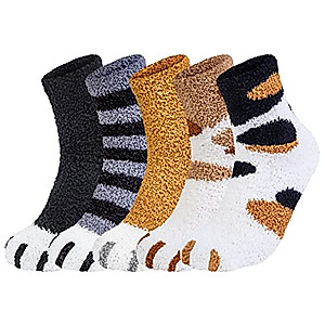 Loritta 5 Pairs Womens Fuzzy Socks Cozy Soft Fluffy Cute Cat Animal Winter Warm Slipper Socks Christmas Stocking Stuffers Gifts,B-5 Pairs Cat Socks