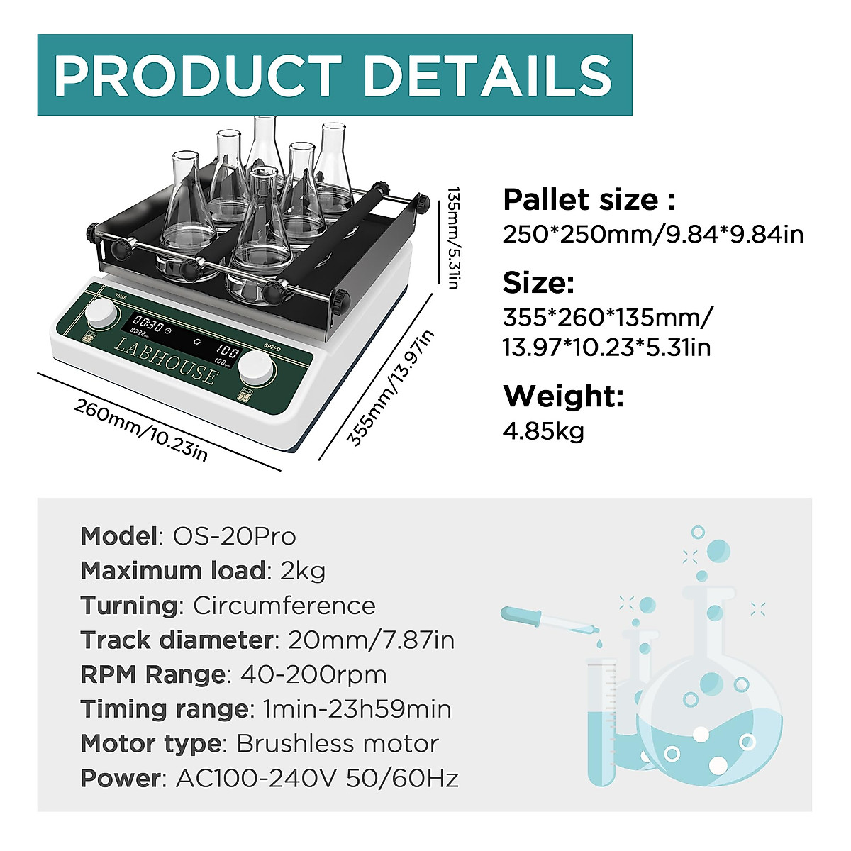 LABHOUSE Lab Digital Orbital Shaker Mixer | 9.85"x9.85" Plate Size Adjustable Speed 40-200RPM Capacity 2KGS | Timed and Continuous Modes Rotator Shaker for Laboratory