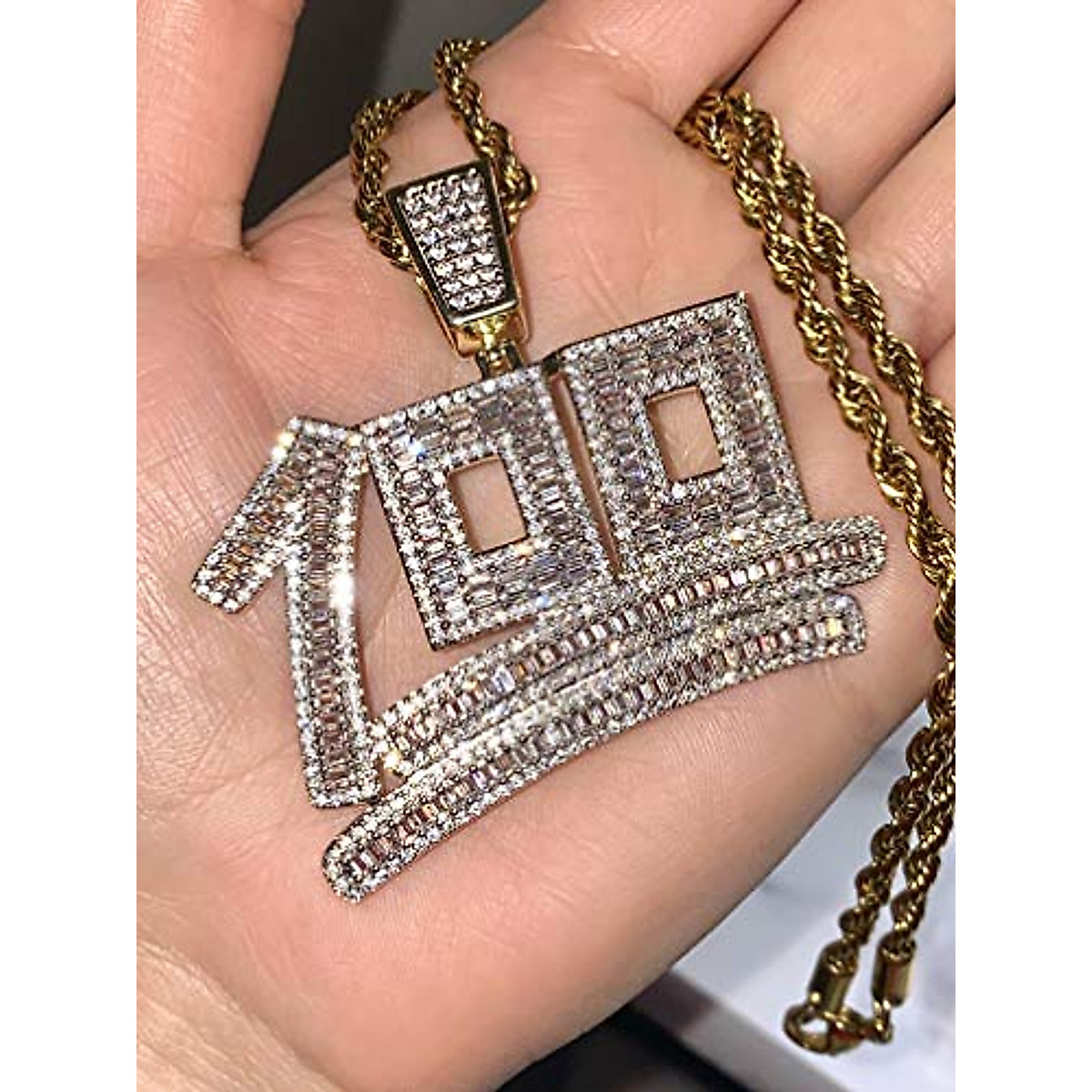 100 PERCENT EMOJI Money Custom Pendant Iced Out Diamond cz Necklace Men Women 925 Italy Gold Finish Iced Silver Charm Ice Out Pendant Stainless Steel Real 3 mm Rope Chain, Rope Necklace (20)