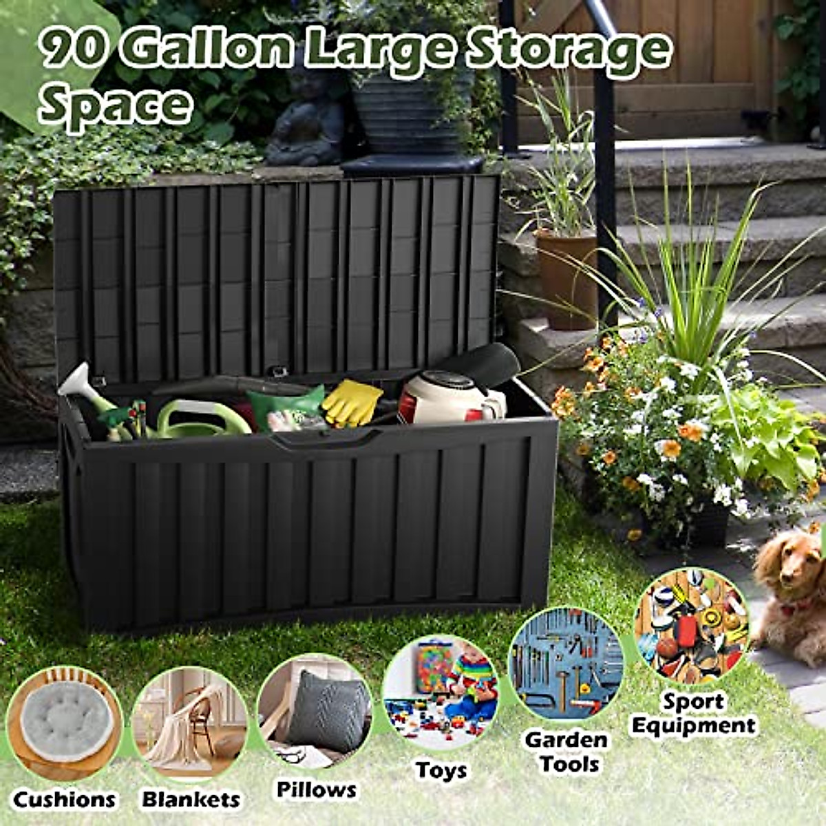 Giantex 90-Gallon Outdoor Storage Box - Outside Storage Box with Built-in Rollers & Recessed Handles, Lockable Storage Container for Patio Furniture Cushions, Garden Tools, Toys, Resin Deck Box, Black