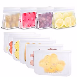 Lcjtop 10 Pack Reusable Food Storage Bags, 4 Stand Up & 6 Flat Ziplock Bags, Leakproof Reusable Freezer Bags & Plastic Free Zipper Bags for Meat Fruits and Vegetables