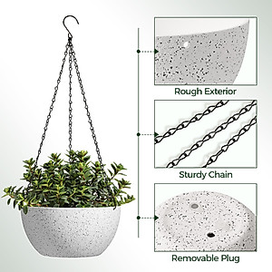 T4U 10 Inch Hanging Planters for Indoor Outdoor Plants - 2 Pack Plastic Hanging Flower Plant Pot with Drainage Hole, Round Hanging Plant Basket for Home Garden Porch Balcony Patio Decor (White)