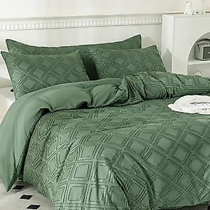 JELLYMONI Green Duvet Cover King Size - Microfiber Tufted Duvet Cover Set, Boho Textured Jacquard Rhombus Geometric Pattern Duvet Cover with Corner Ties & Zipper Closure