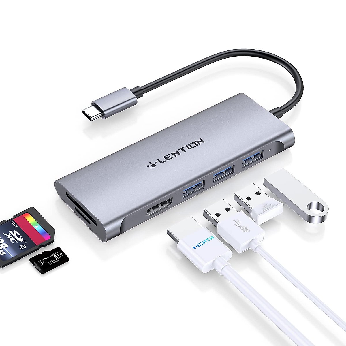 LENTION USB C Hub with 4K HDMI, 3 USB 3.0, SD/Micro SD 3.0 Card Reader, Compatible 2023-2016 MacBook Pro, New Mac Air/Surface, Chromebook, iPhone15 or More, Stable Driver Adapter (C34, Space Gray)