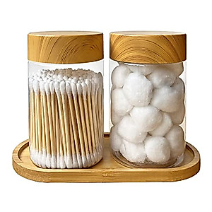 Homesweet Qtip Holder Bathroom Set, 2 Bathroom Jars with Tray, 11oz Plastic Airtight Jars Perfect for Family with Kids, Moisture-Proof, Bamboo Tray with Non-Slip Pads, Wood Color