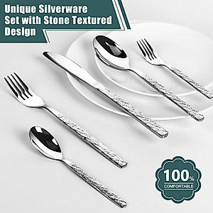 Qulable 20 Piece 18/10 Stainless Steel Flatware Sets for 4, Hammered Silverware Set,Silverware Cutlery Sets, Rust Proof Cutlery with Stone Textured Design Mirror Polished - Dishwasher Safe