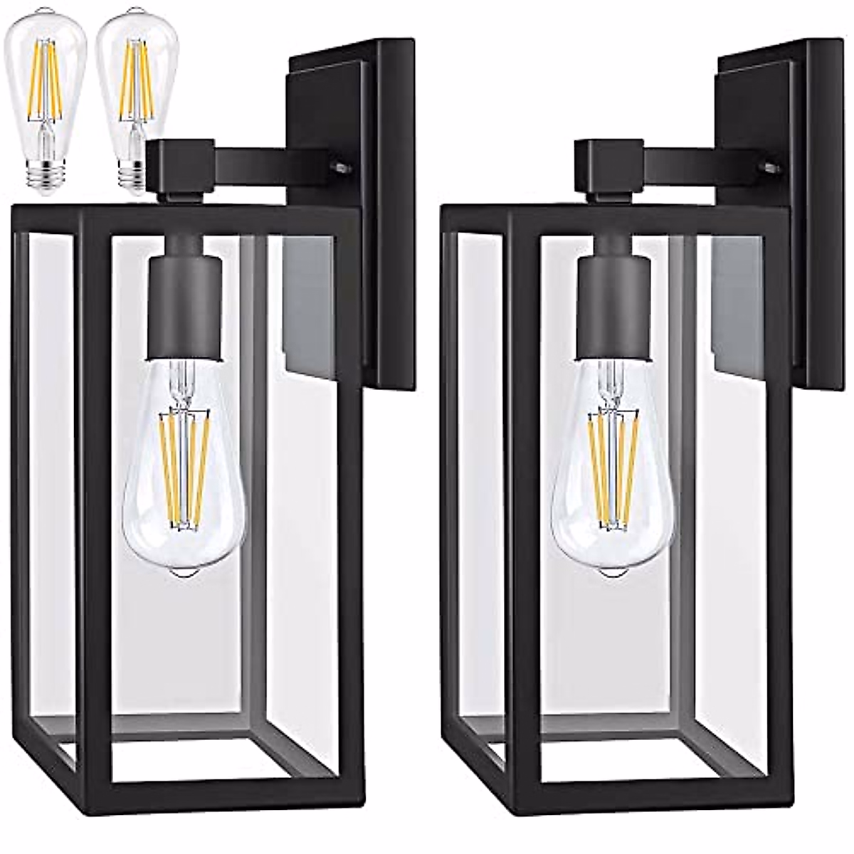 PARTPHONER Outdoor Light Fixtures Wall Mount, Porch Light with 2 LED Bulbs, Exterior Light Fixture Waterproof Anti-Rust Wall Sconce with Clear Glass and Black Aluminum for Garage, Doorway-2 Pack