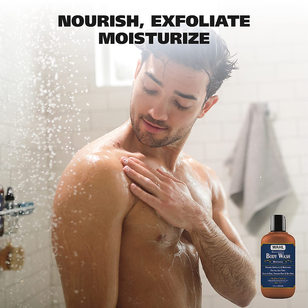 Wahl Body Wash & Shampoo Shower Combo Kit with Essential Oils for Men, Restorative, Nourishing, Exfoliating & Moisturizing with Meadowfoam Seed Oil, Clove Oil & Moringa Oil, Brown - Model 805701
