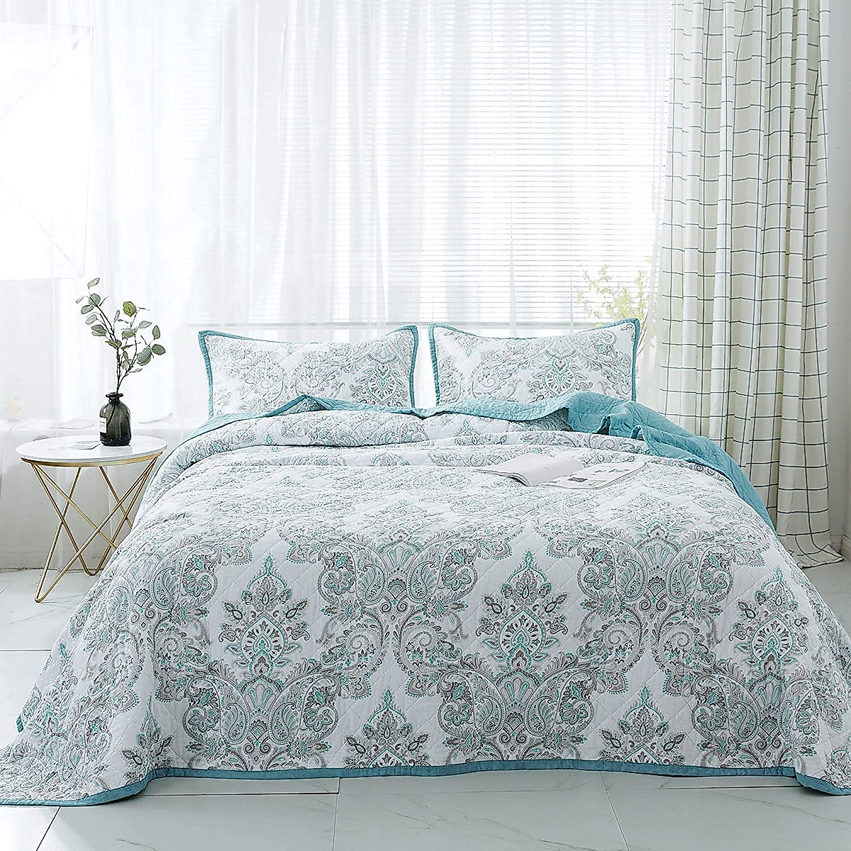 KASENTEX Authentic 100% Cotton 3-Piece Oversized Twin XL Quilt Set Soft Bedspread Coverlet Sets (Blue Paisley, 80X106+20X26 X2)