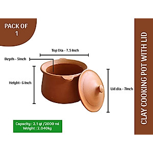 Village Decor Earthen clay cooking pot with lid (Porridge pot-2.1qt)